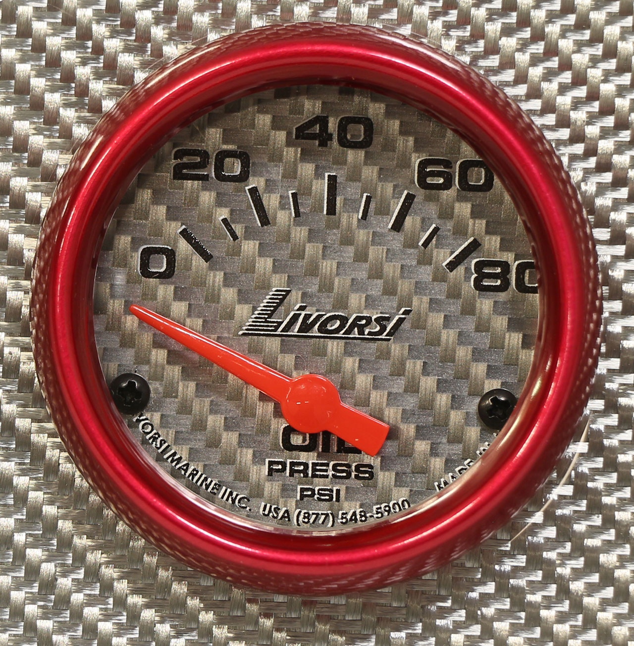 CP Performance - 2-1/16" Electric 80 PSI Oil Pressure Gauge, Silver Fiber Face, Red Mega Rim